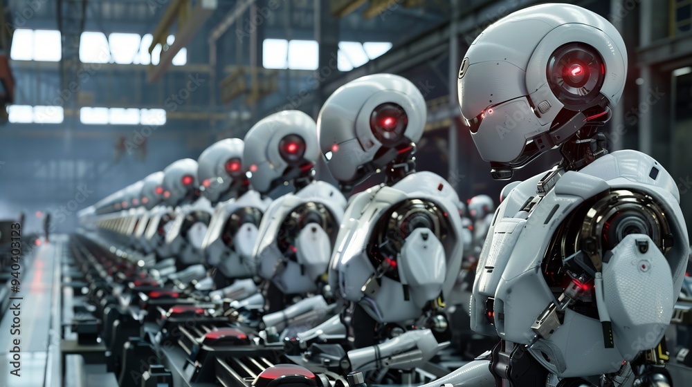 Futuristic robot factory with advanced machinery and high-tech ...