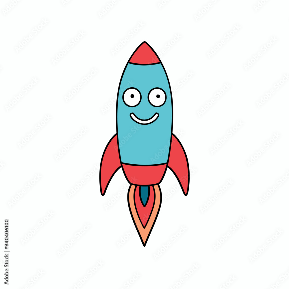 Cute Cartoon Style Happy Rocket Launch Mascot With Cute Eyes And ...