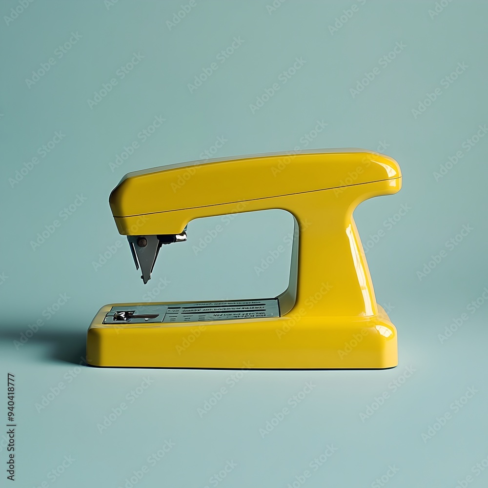 Bright yellow stapler placed at the center of a plain uncluttered desk ...