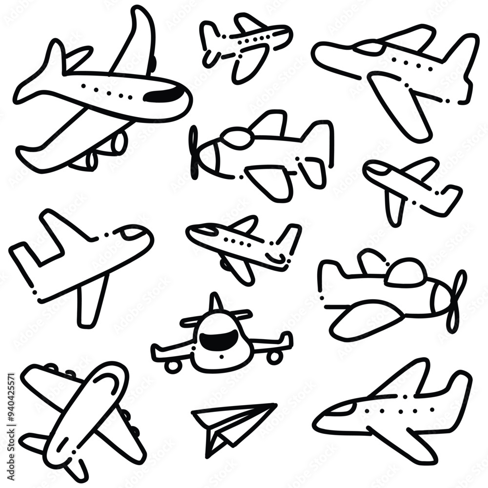Hand-Drawn Airplane Doodle Set | Cute Line Art Illustrations of Various ...