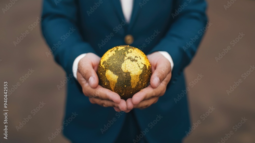 Investor holding a globe with gold and market symbols representing a ...