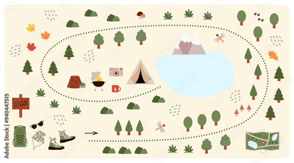 Camping and Hiking map creator. Set of flat elements for constructing ...