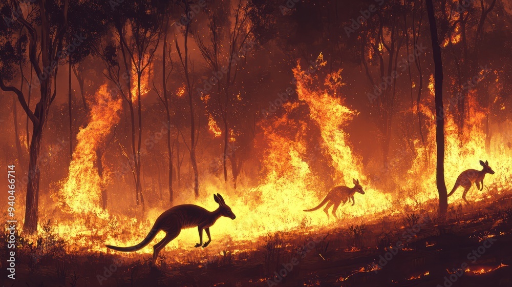Animals dying in wildfire bushfire burning trees natural disaster ...