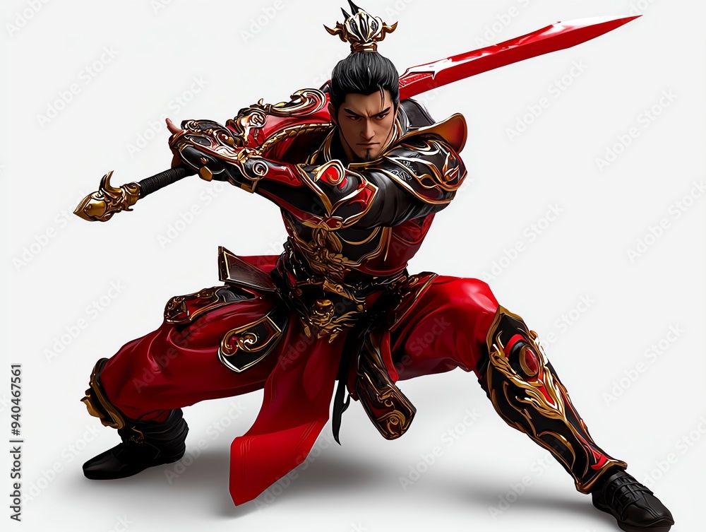 ภาพประกอบสต็อก Dynamic warrior in ornate red armor poses dramatically ...