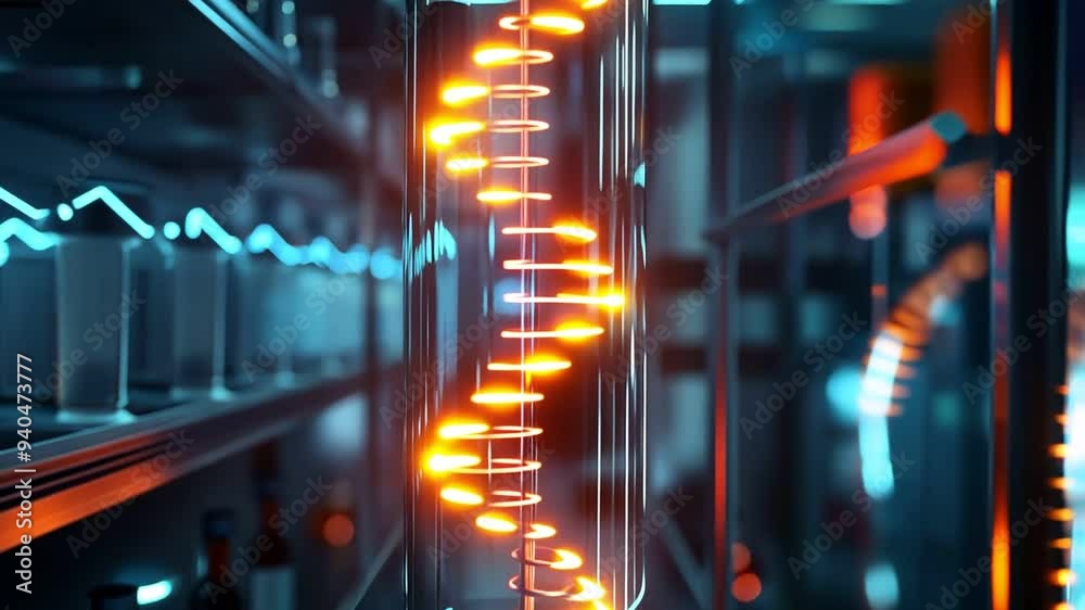 Futuristic lab with glowing double helix DNA model, advanced technology ...