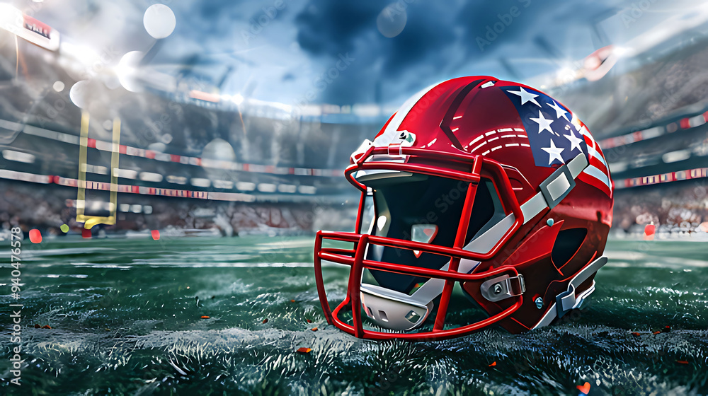 Red American football helmet with a background of an American football ...