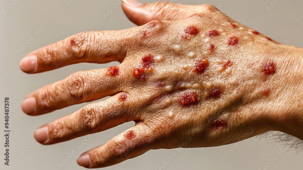 Close-up of a human hand with red and white lesions caused by a ...