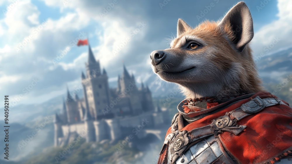 A hyena in medieval knight armor, standing in front of a grand castle ...