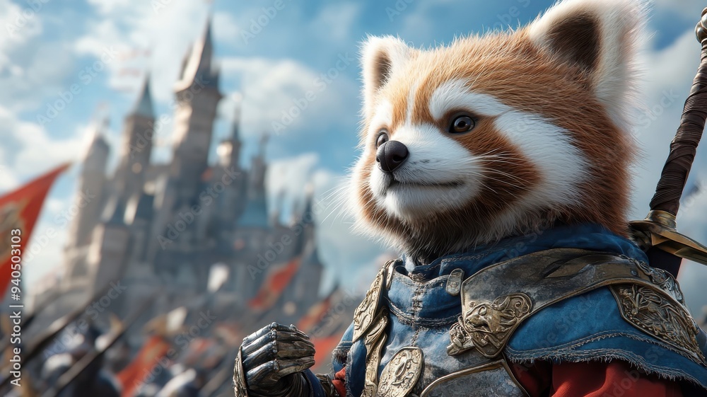 A red panda dressed as a medieval knight, with armor and a lance ...
