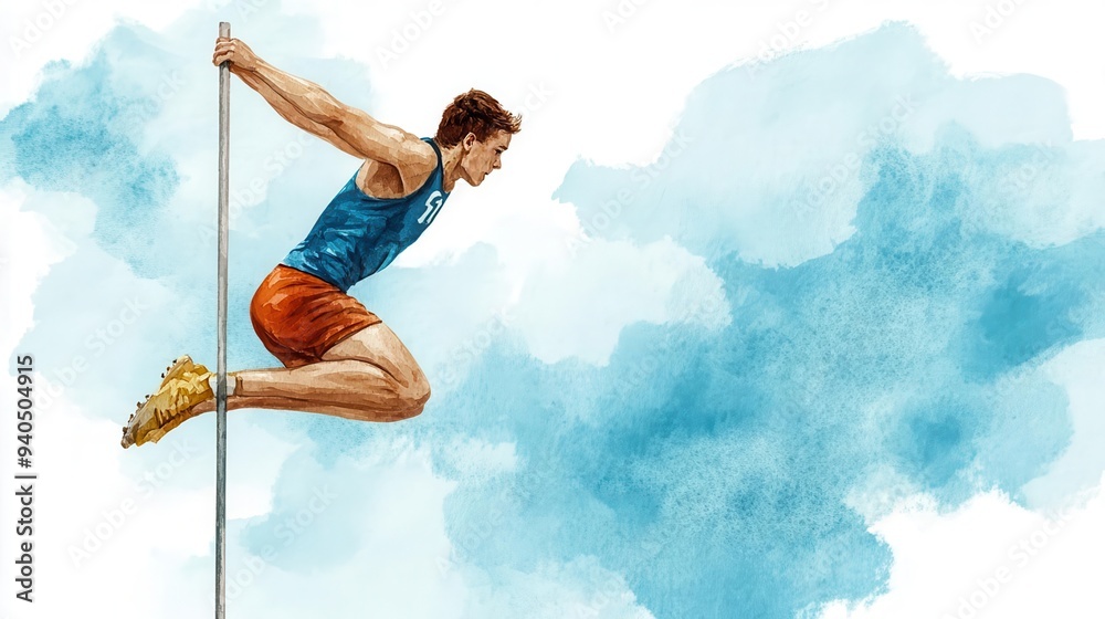 A watercolor of a pole vaulter clearing the bar, with light strokes ...