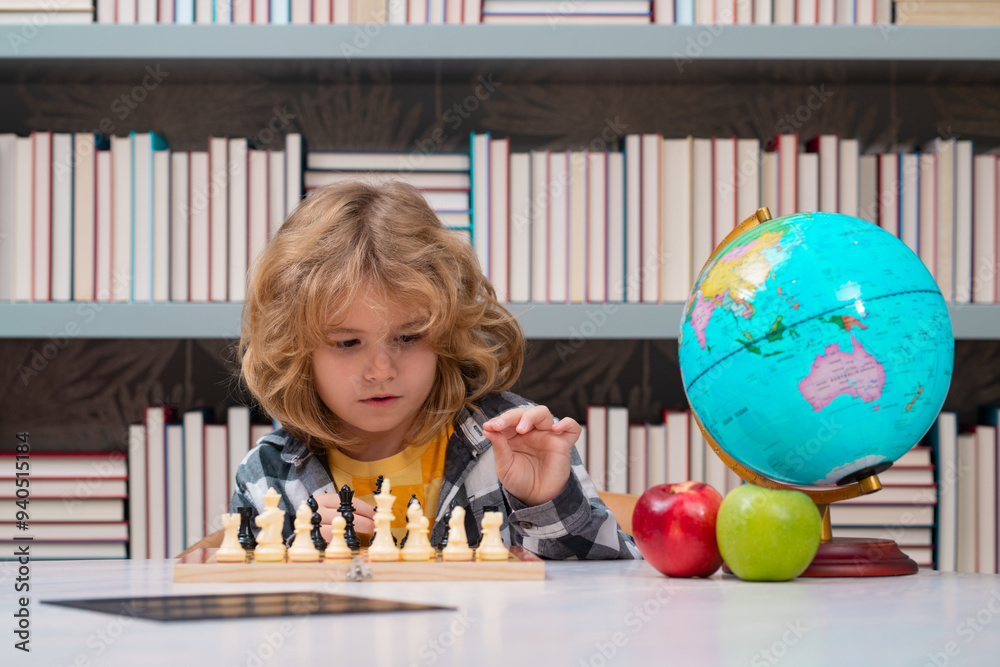 Kid play chess in classroom at school. Chess for intelligent kid. Child ...