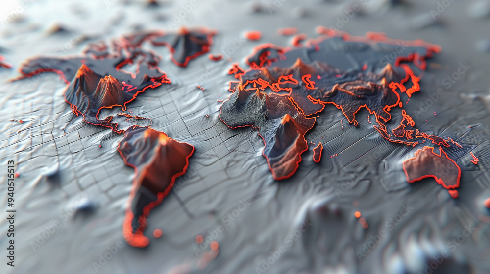 3D world map with glowing red contours and elevated topography Stock ...