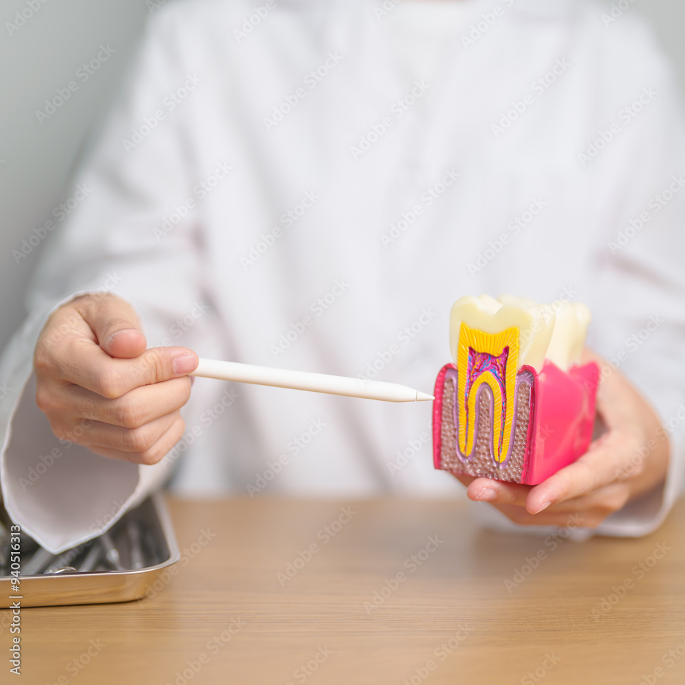Dentist with tooth Anatomy model. Oral Teeth decay and disease, Scrape ...