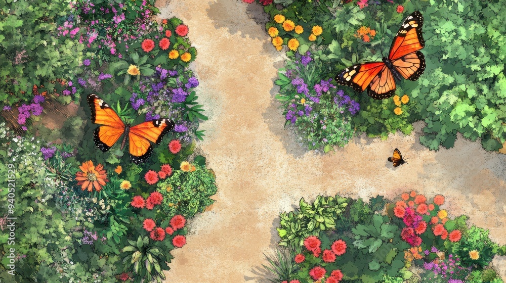 Pollinator garden flat design, top view, attracting bees and ...