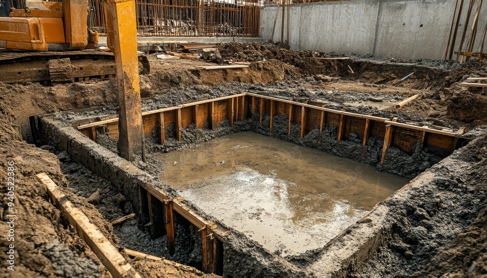 Initial stage of construction digging a pit and pouring concrete at a ...