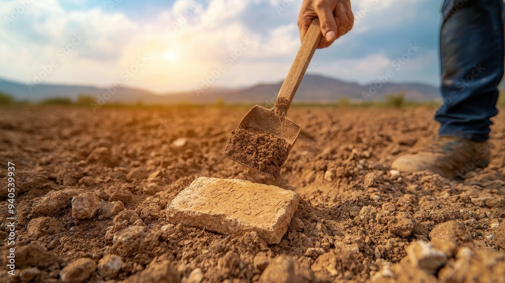 Archaeologist unearthing ancient artifact from the ground during an ...