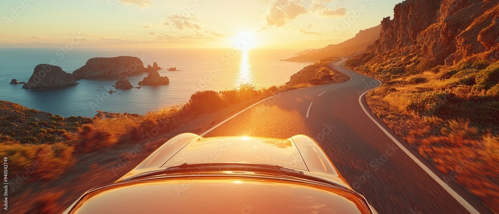 A realistic photograph depicts the back view of a car traveling on a ...