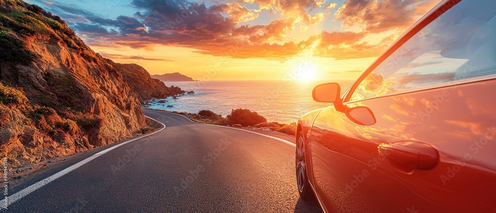 A realistic photograph depicts the back view of a car traveling on a ...