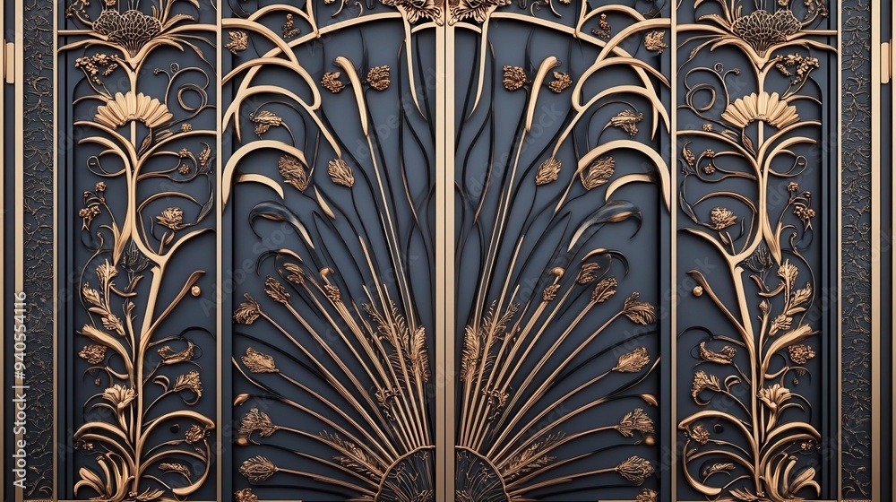 An intricate Art Nouveau gate design with flowing lines and floral ...