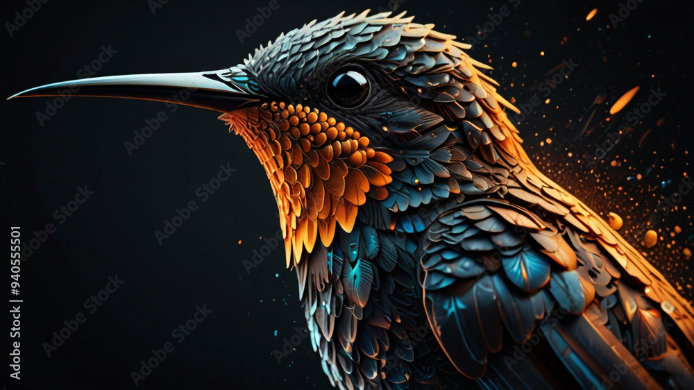 An abstract representation of a hummingbird in flight, its wings and ...