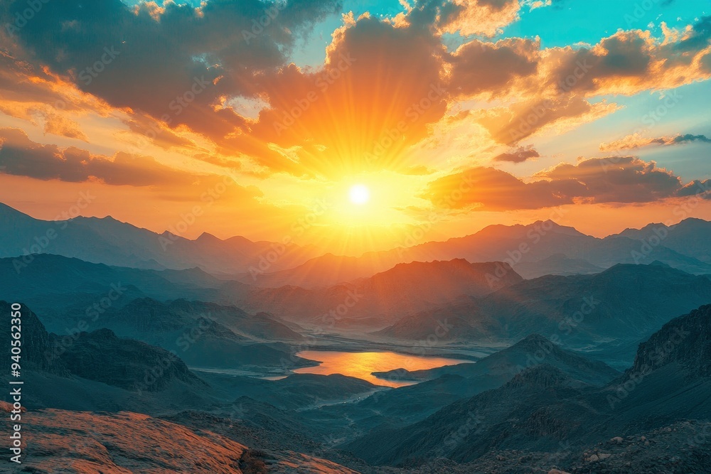 Epic sunset landscape sky with big bright sun going behind the ...