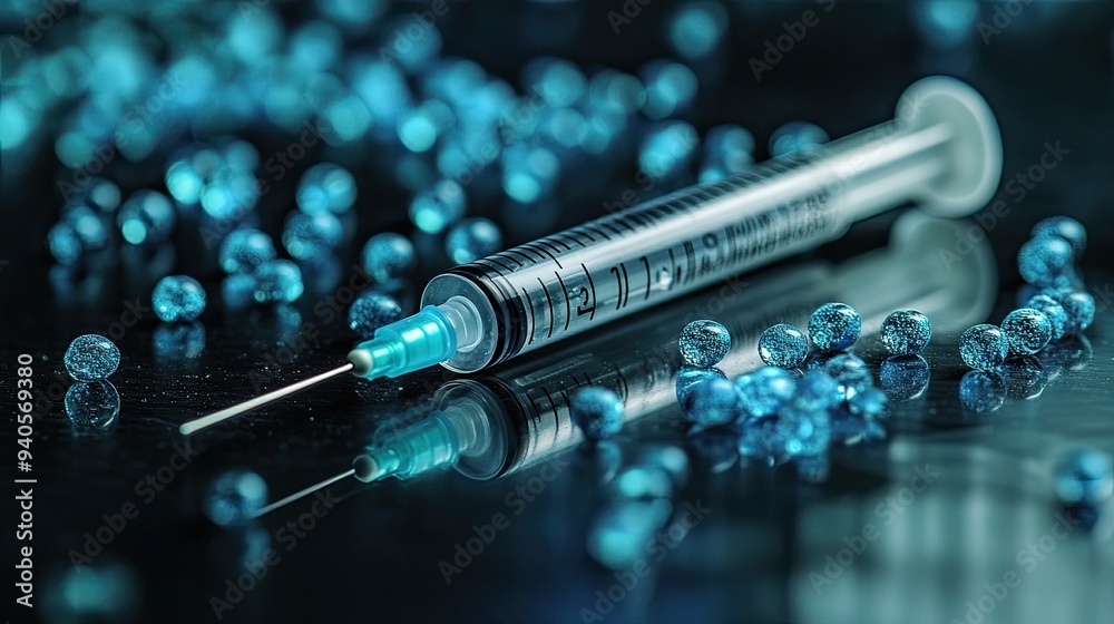 drug fentanyl and syringe. Fentanil is an opioid that is used for both ...