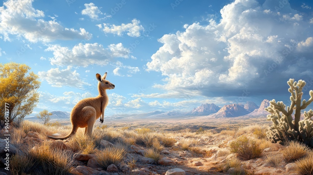 Kangaroo exploring a desert with hidden oases and unique cacti ...