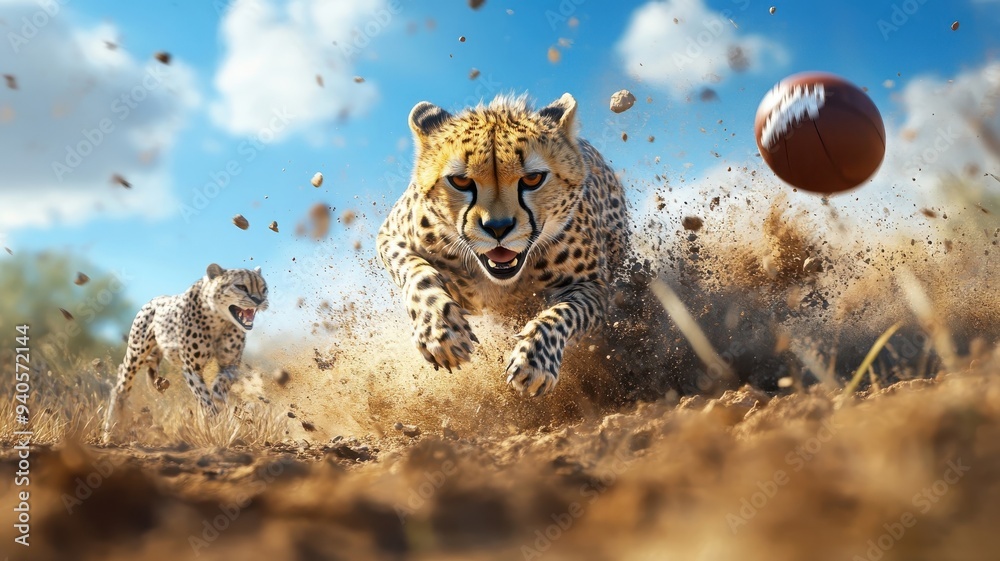 Cheetah playing football with wild animals in the savannah, showcasing ...