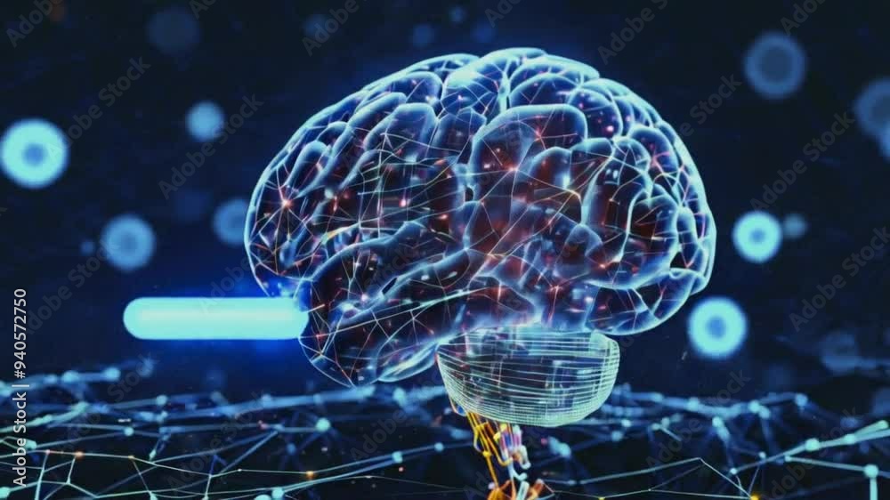 AI Brain Animation with Big Data Flow Analysis | Shining Wireframe 3D Render of Artificial ...