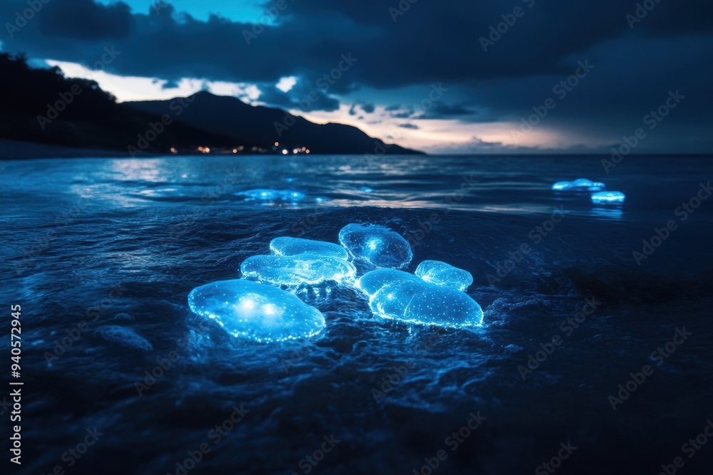 Bioluminescent plankton creating a glowing food chain, capturing the ...