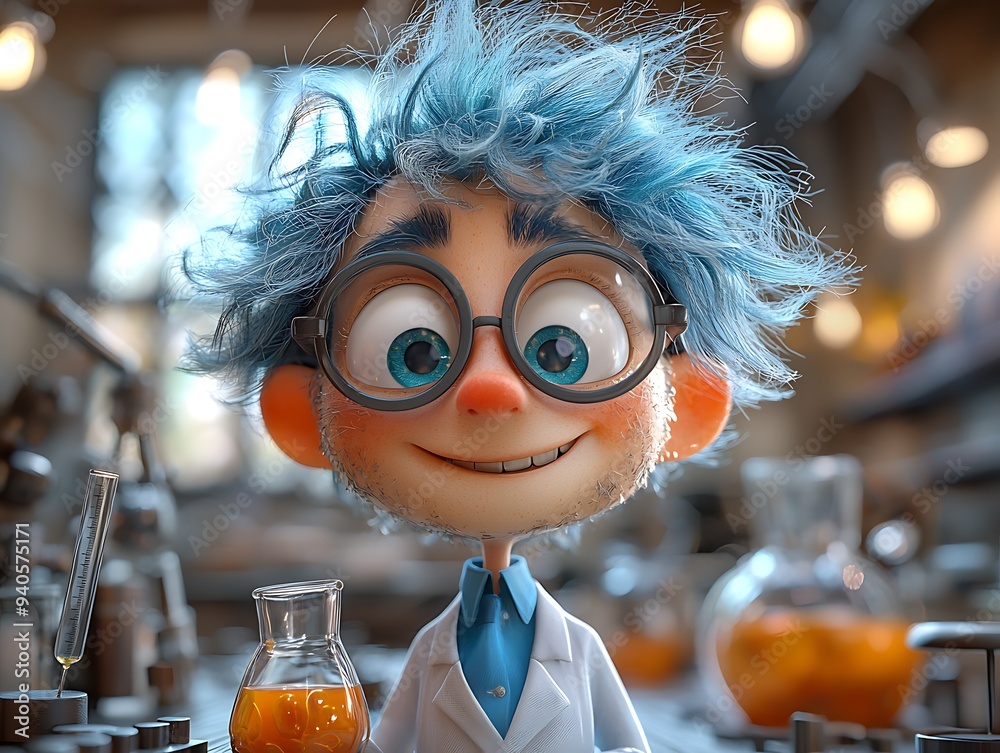 Cute 3D full body cartoon character as a mad scientist, with wild hair ...