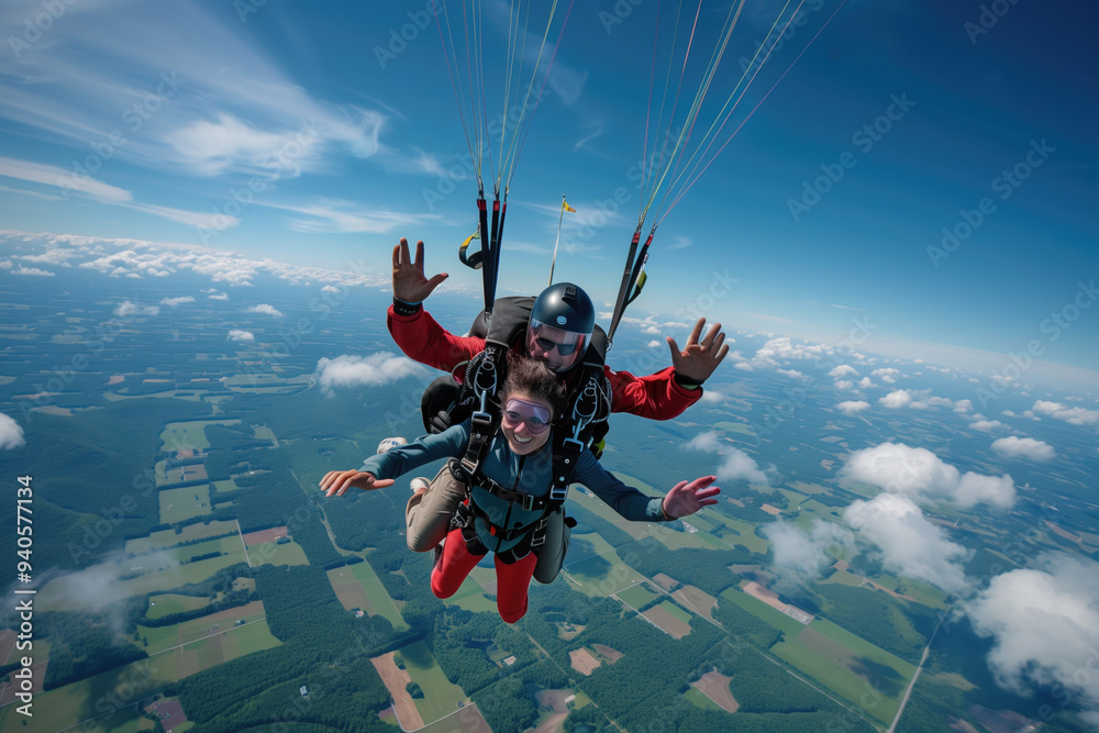 Skydiving duo experiencing thrilling freefall over a scenic landscape ...