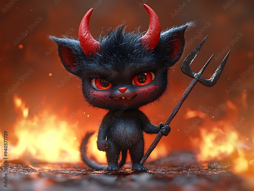 Cute 3D full body cartoon character as a little devil with red horns ...