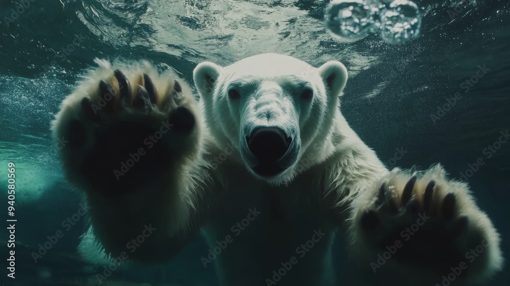Polar bear swimming underwater with big paws in a wildlife scene ...