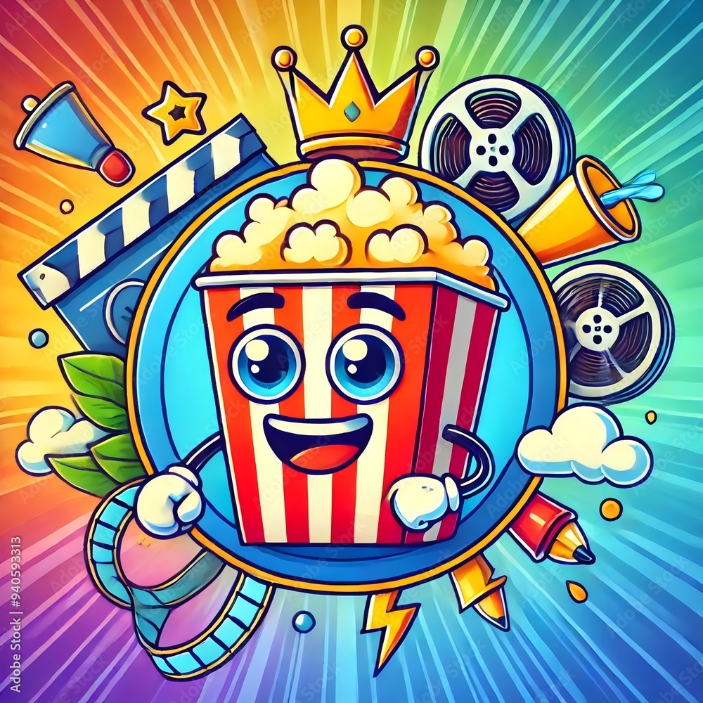 Cheerful and vibrant illustration featuring a happy popcorn box ...