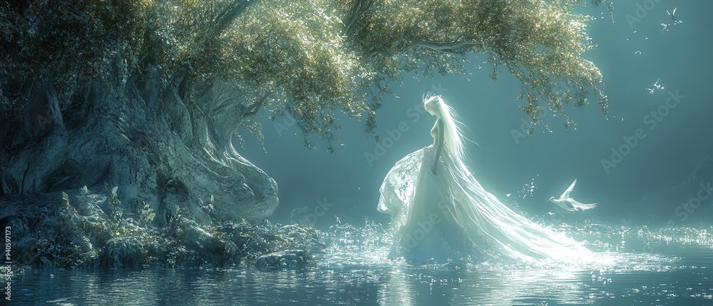 Highresolution photograph of a nereid gracefully leaving the water in a ...