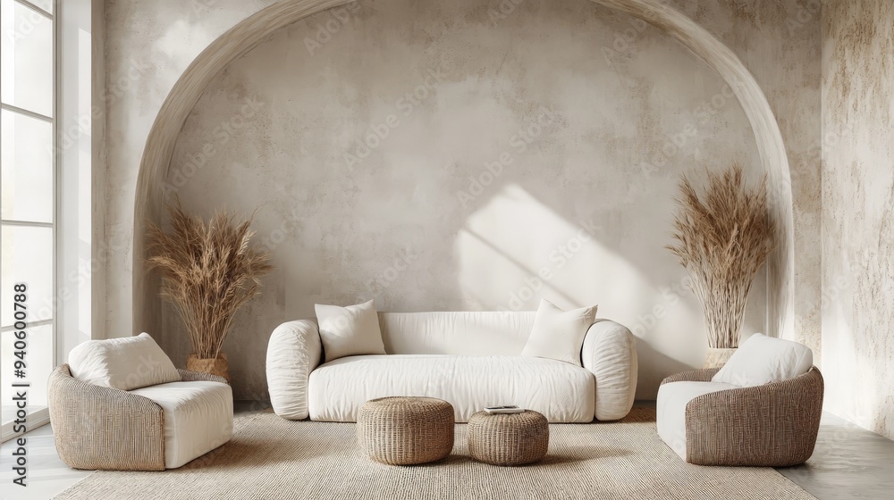 Sofa and armchairs near stucco arch wall. Minimalist, japandi interior ...