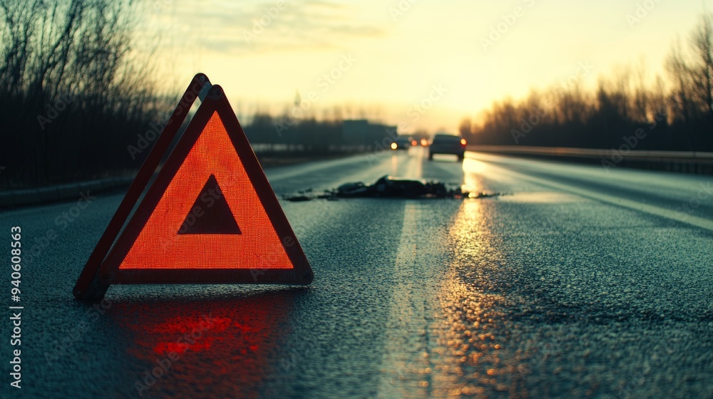 Red Emergency Stop Sign Next to Highway Road Closeup Broken Car ...