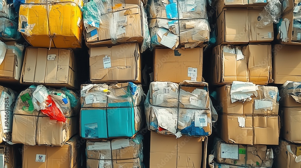 Piled Cardboard Bales for Recycling. Multiple piles of cardboard bales ...
