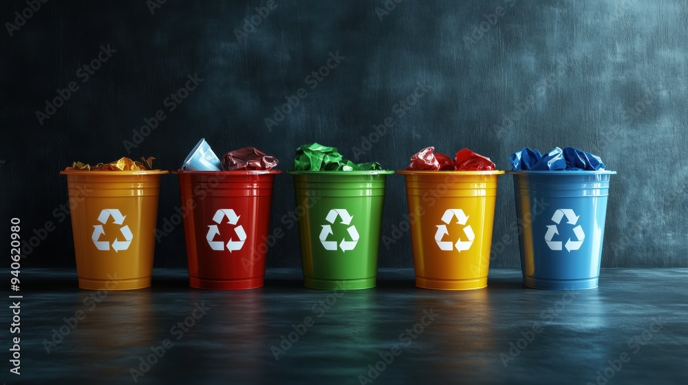 Five colorful recycling bins filled with recyclable materials ...