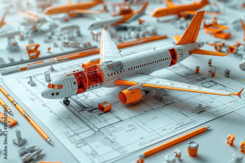 Detailed Airplane Model on Engineering Blueprints. Highly detailed ...