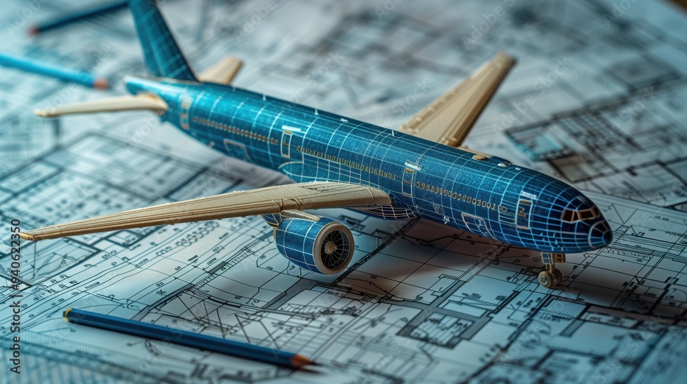 Airplane Blueprint with 3D Rendering. Detailed 3D rendering of an ...