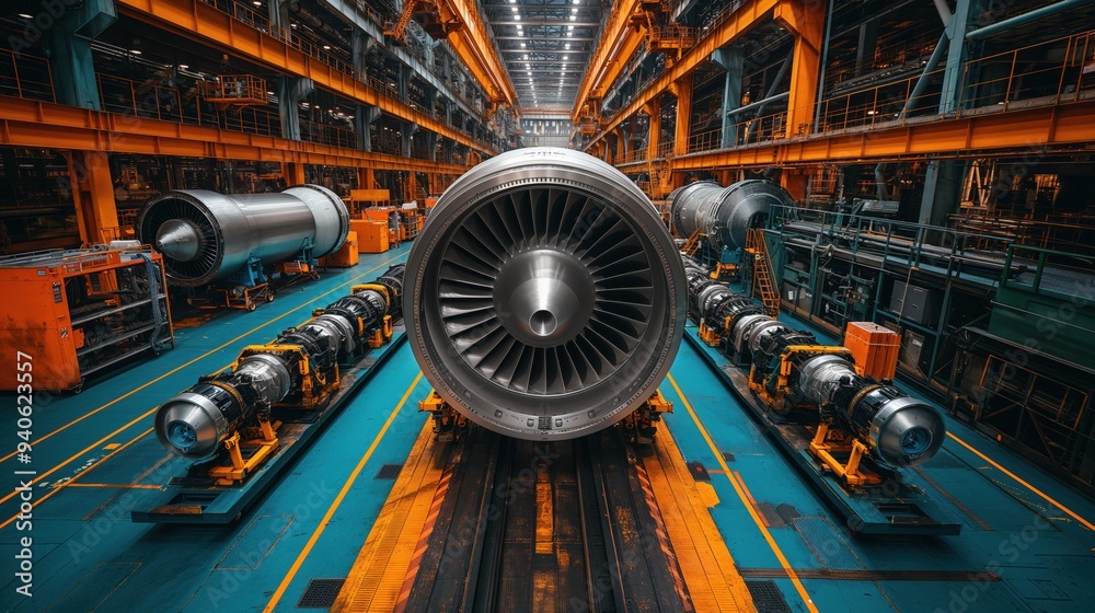 Foto de Row of Jet Engines in Aerospace Manufacturing Facility ...