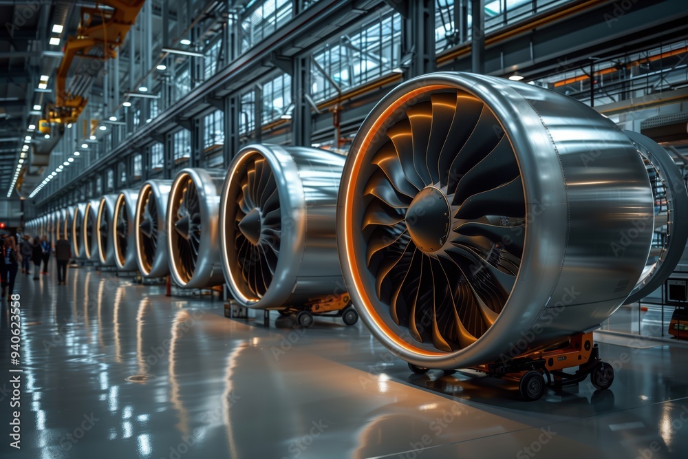 Jet Engines on Display in Modern Factory Setting. Line of jet engines ...