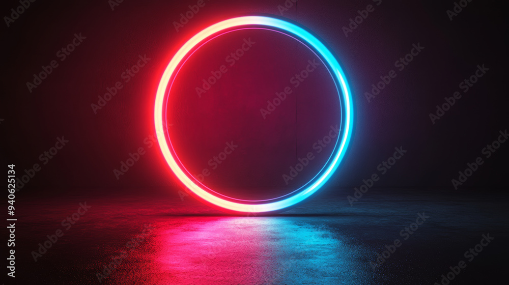 Imagine a neon blue geometric circle glowing brightly on a dark ...