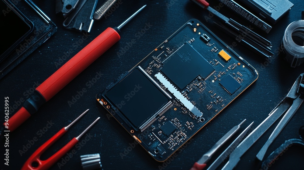 Smartphone motherboard and tools laid out on a black table, concept of ...