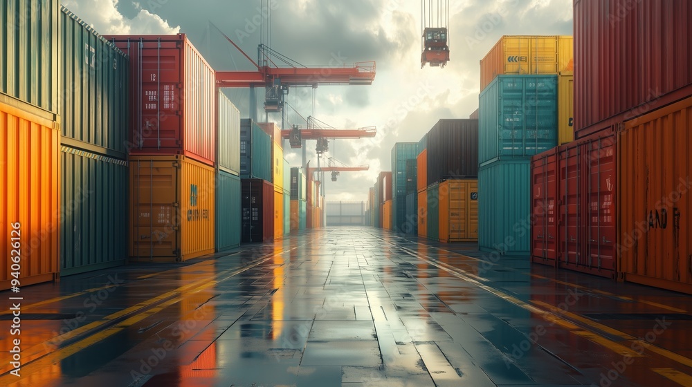 Container Yard Under Cloudy Sky with Cranes. Wide view of a container ...