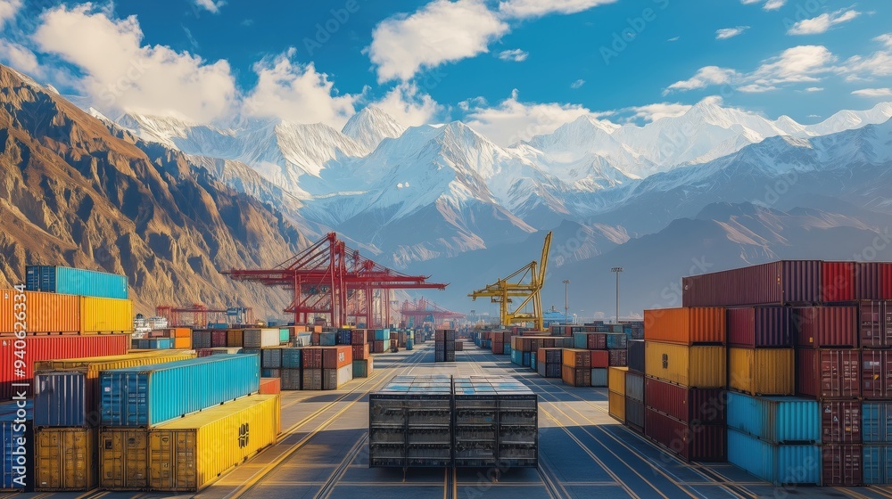 Expansive Container Yard with Mountain Background. Large container yard ...