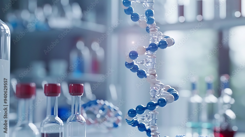 Detailed DNA molecule model structure in a scientific laboratory ...