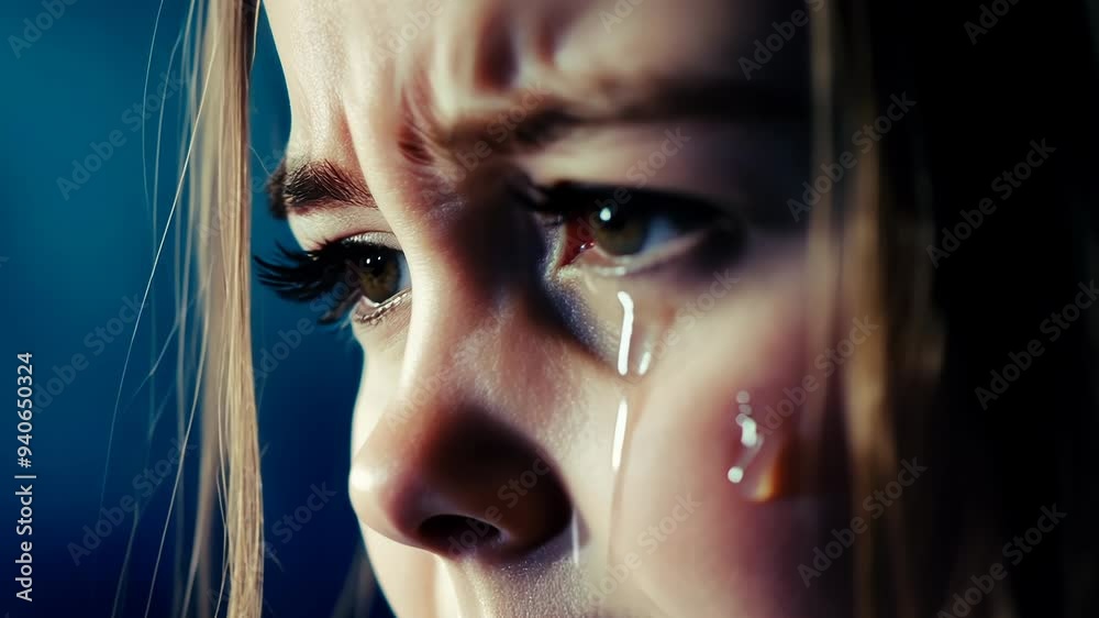 Portrait of a crying little girl. The girl's eyes fill with tears. The ...